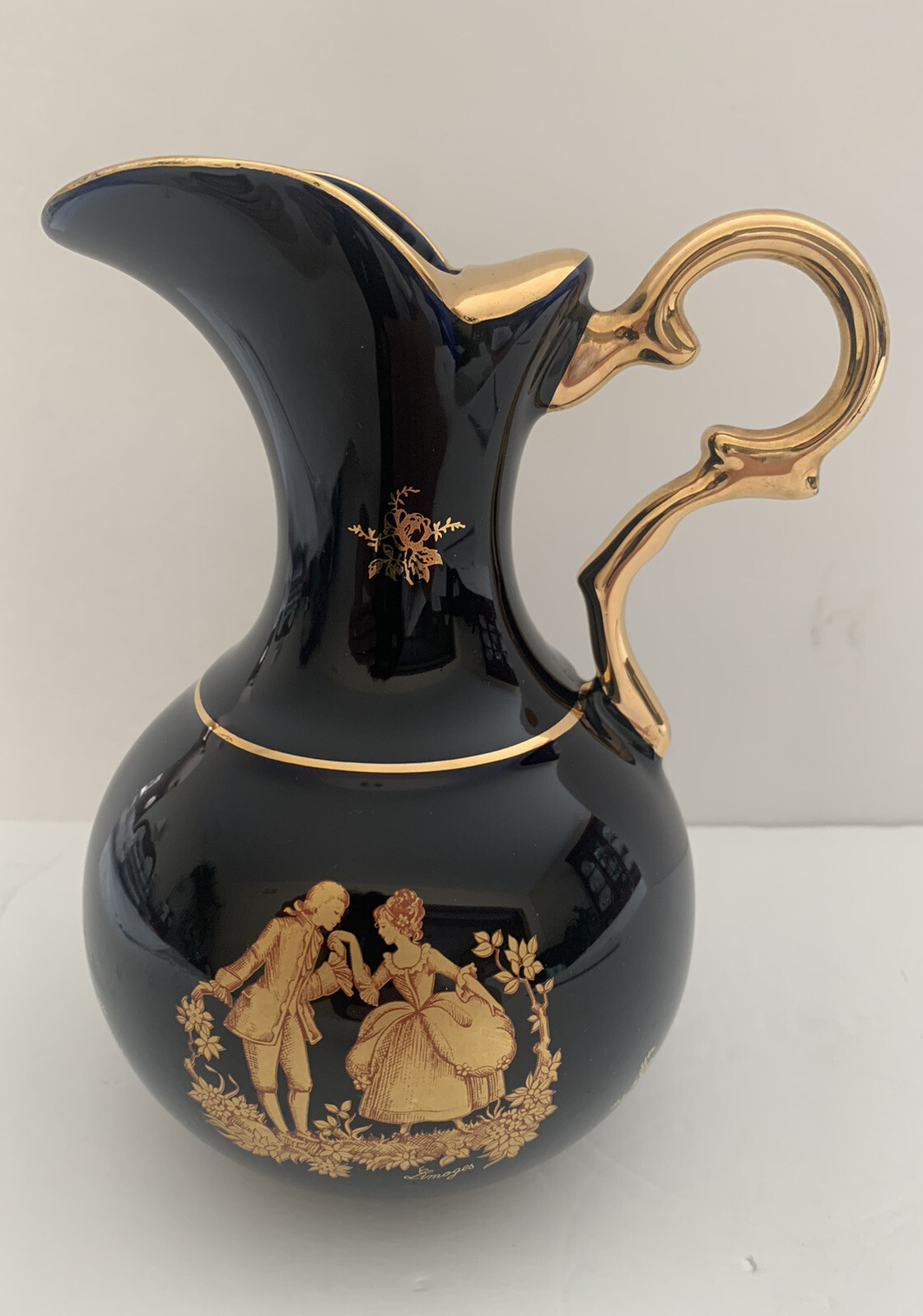 Limoges Pitcher Castle France Courting Couple Watteau Scene Blue Cobalt ...