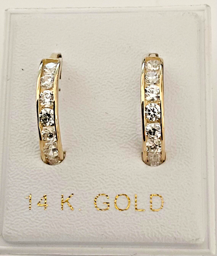 New 14K Yellow Gold Large Huggy Style EURO-BACK Earrings w/CZ Stones | eBay