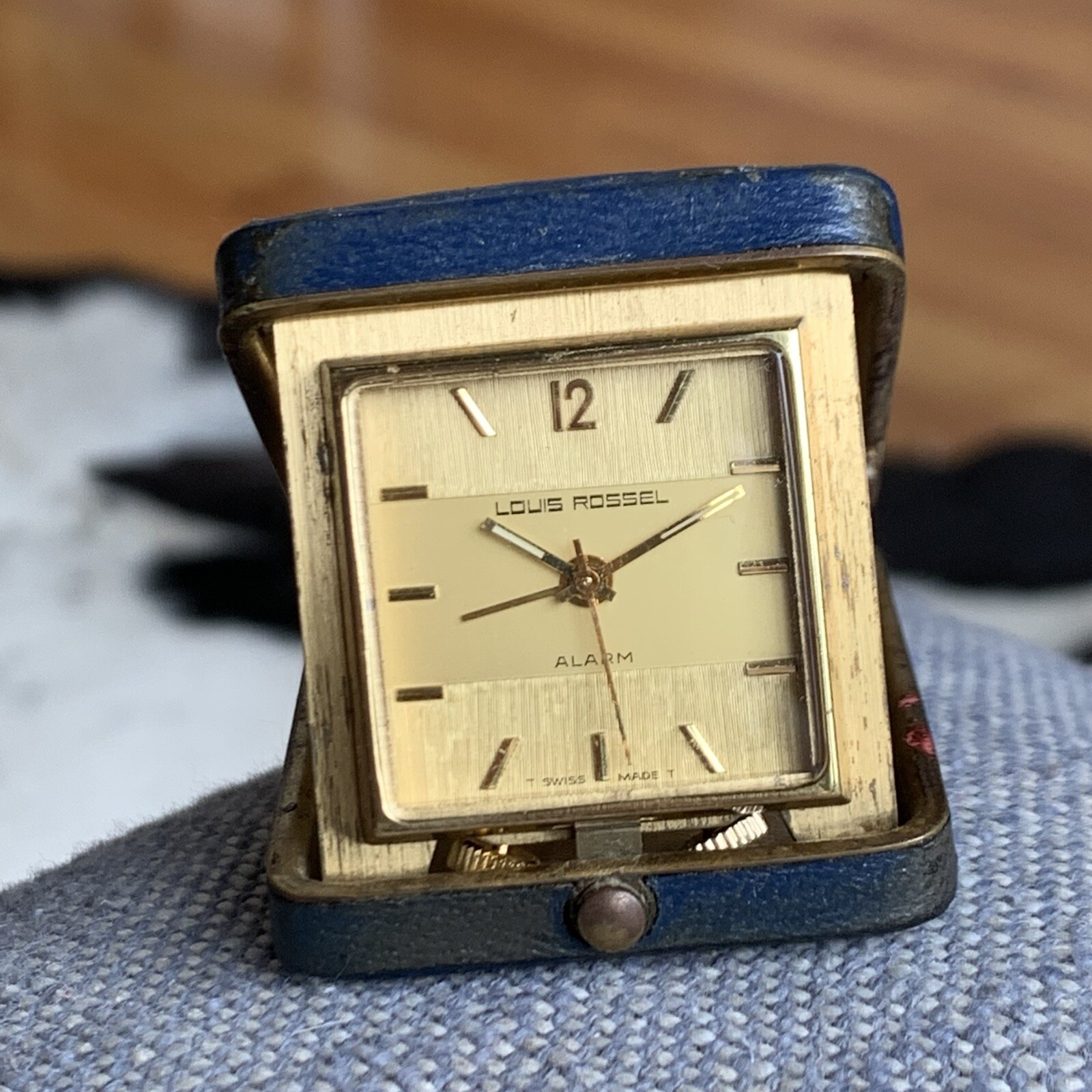 Vintage 60's Louis Rossel Travel Alarm Clock - Gold Tone & Blue Leather ...