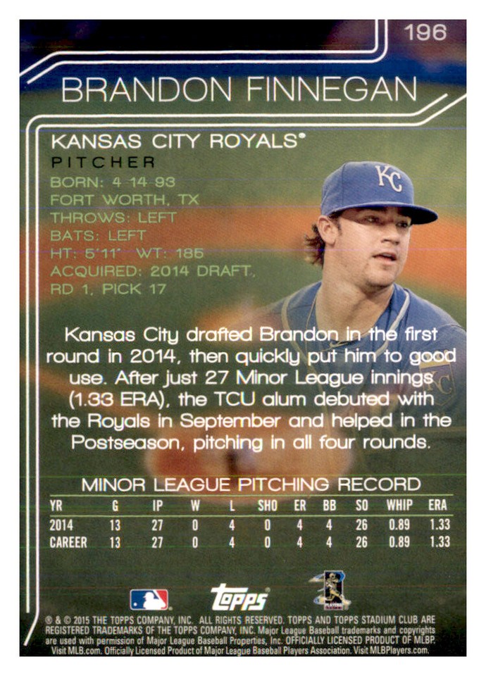2015 Stadium Club Brandon Finnegan Rookie RC MLB Insert PWE Royals #196 ...