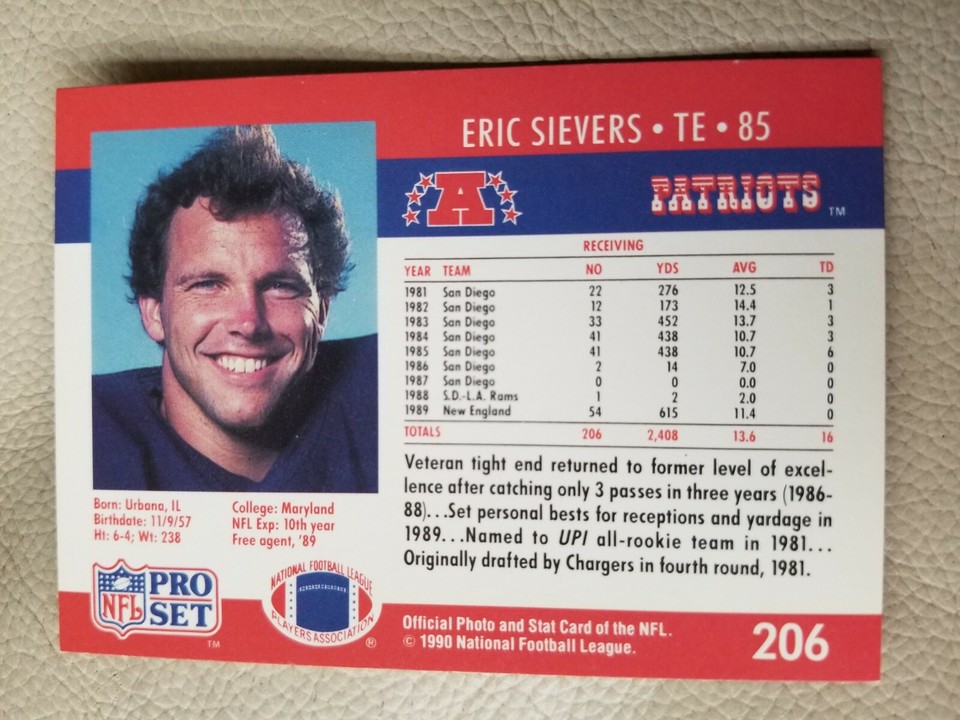 Eric Sievers New England Patriots Tight End Pro Set 1990 Card #206 | eBay