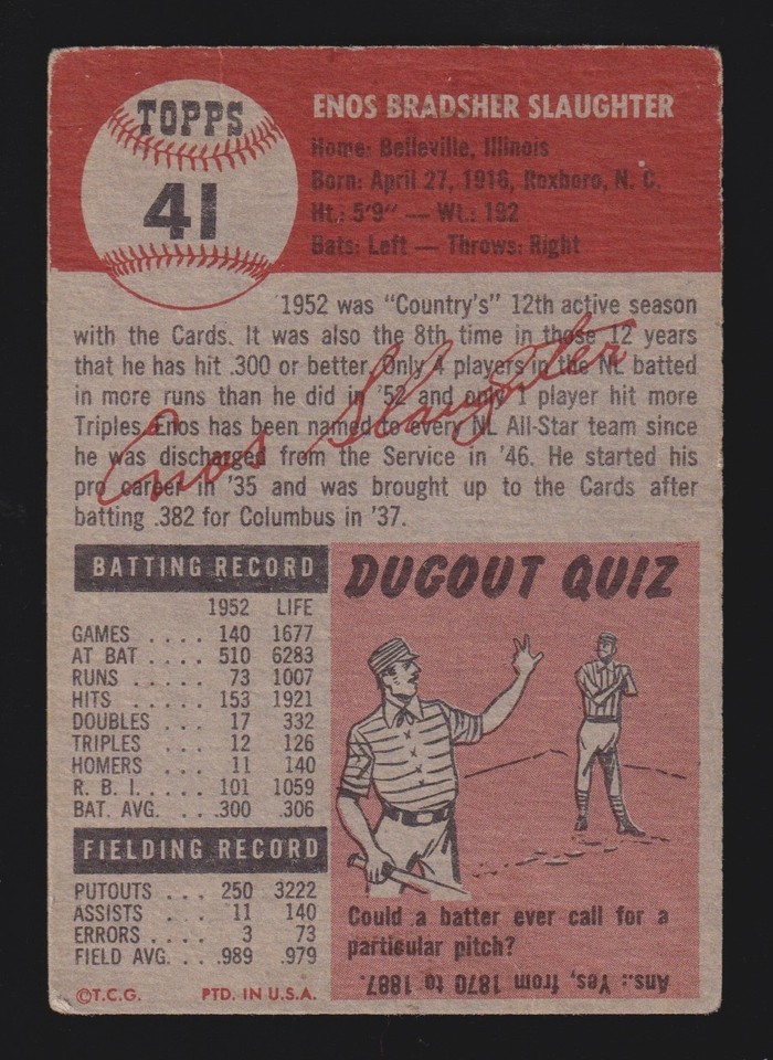 ENOS SLAUGHTER cardinals 1953 TOPPS #41 FAIR NO CREASES | eBay
