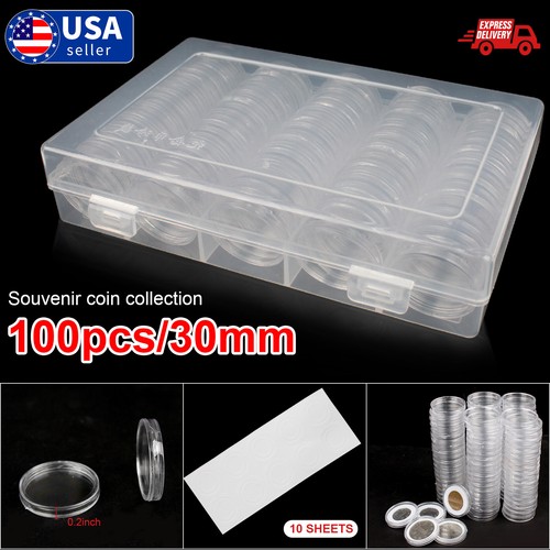 100PCS 30mm Silver Gold Coin Cases Capsules Holder Clear Plastic Round ...