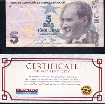 Turkey 5 Lira 2009 CIRCULATED Uncertified USA seller COA bundle | eBay