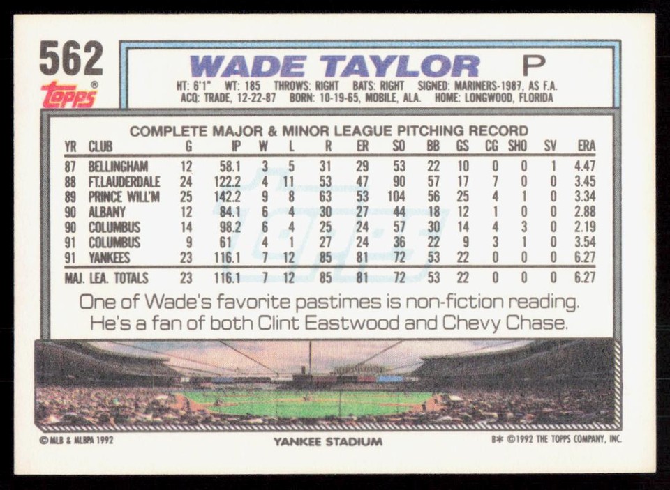 1992 Topps 562 Wade Taylor New York Yankees | eBay