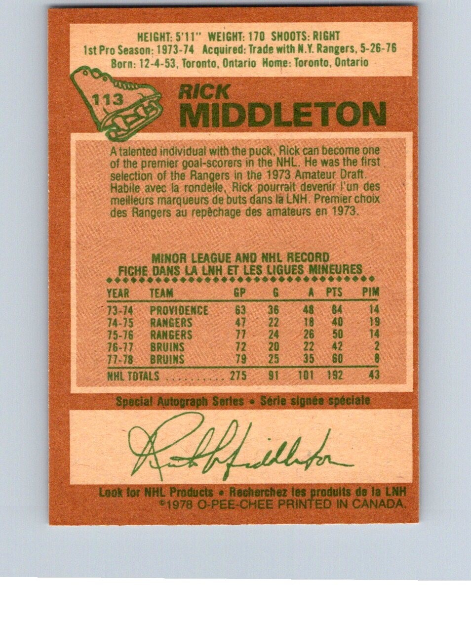 VINTAGE HOCKEY CARD O-PEE-CHEE 1978 BOSTON BRUINS RICK MIDDLETON NO30 ...