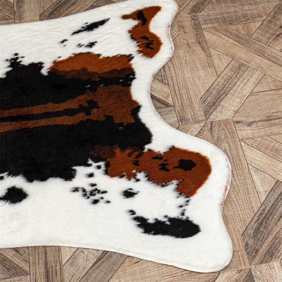3.6'X3.2' Premium Faux Fur Cowhide Area Rug Throw Brown White Spotted ...