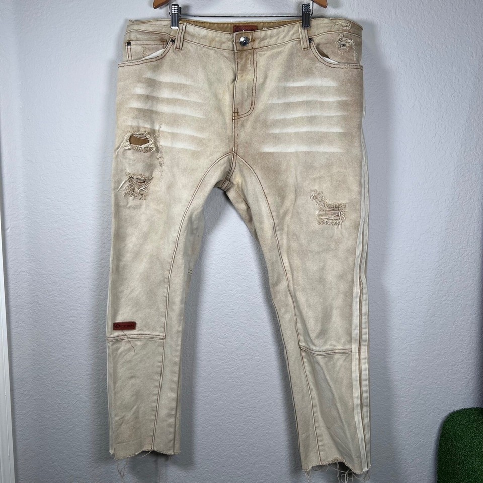 Iro-Ochi Distressed Jeans Ripped limited edition Panels Frayed Hem tan ...