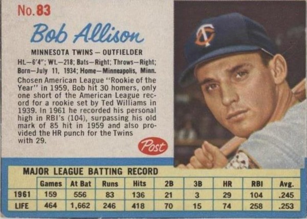 1962 Post - #83 Bob Allison for sale online | eBay