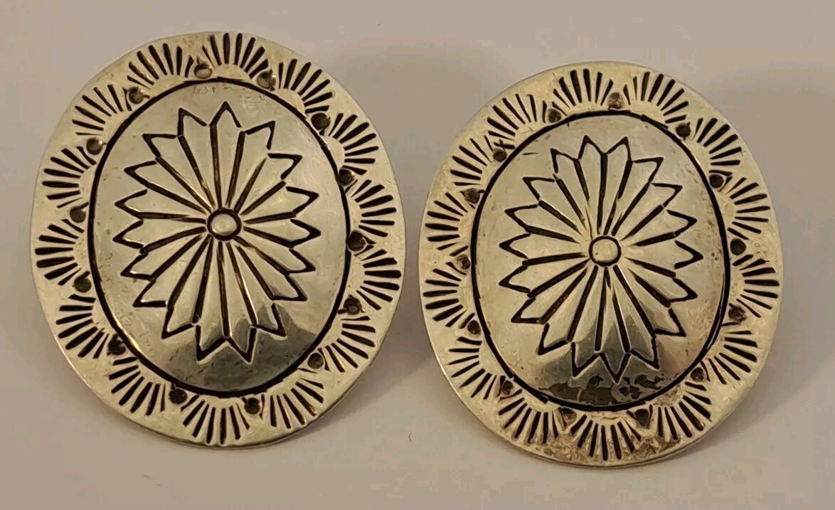 Large Navajo Sterling Silver Oval CONCHO Earrings Han… - Gem