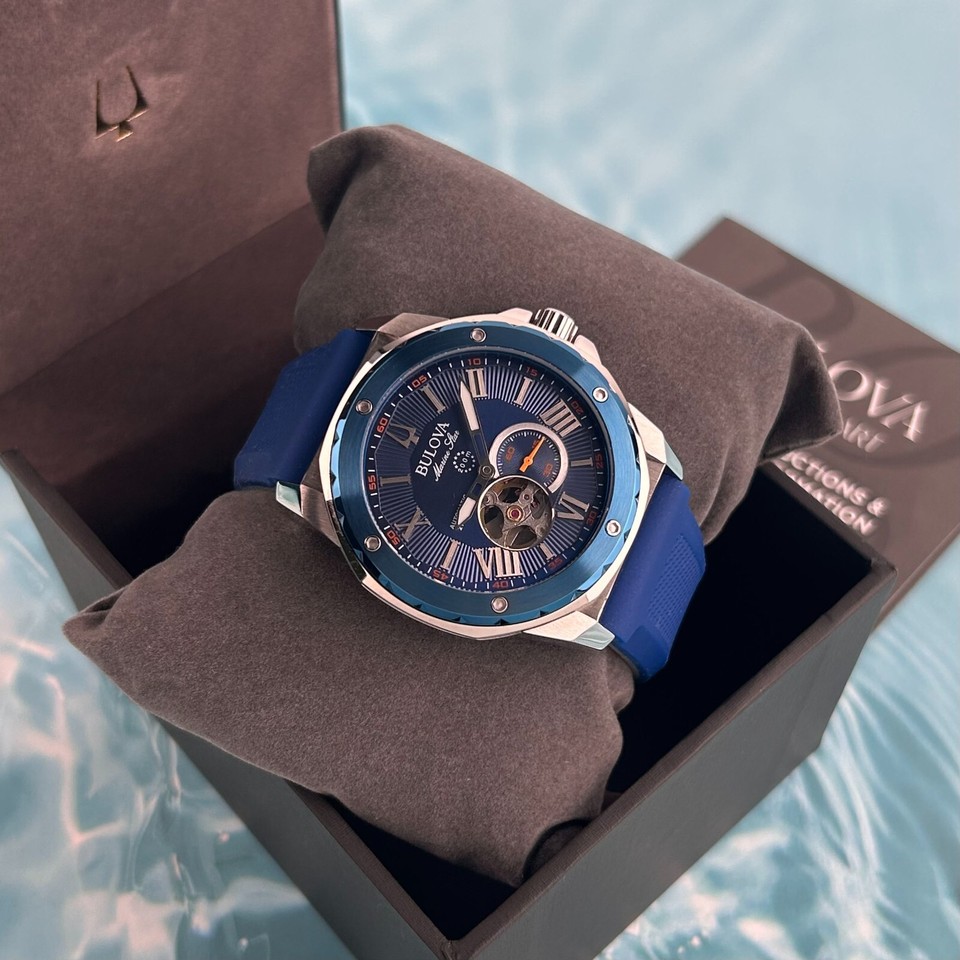 Bulova Marine Star Blue Dial Blue Rubber Strap 98A303 Men's Automatic ...