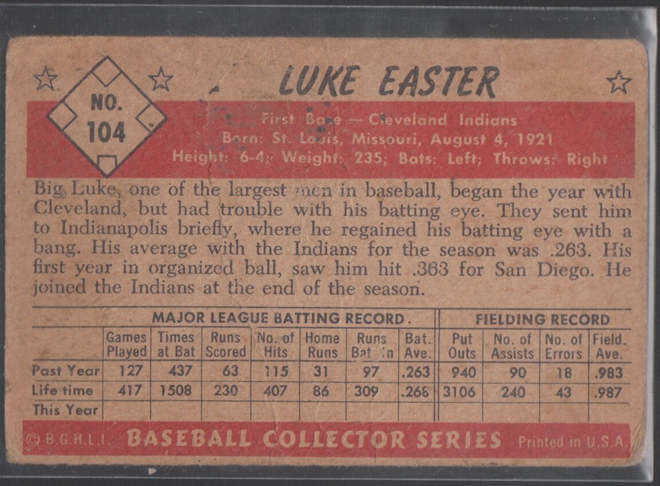 LUKE EASTER 1953 Bowman Color #104 Cleveland Indians | eBay