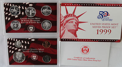 1999 S SILVER Proof Set US Mint ANNUAL 9 Coins Box COA and Statehood ...