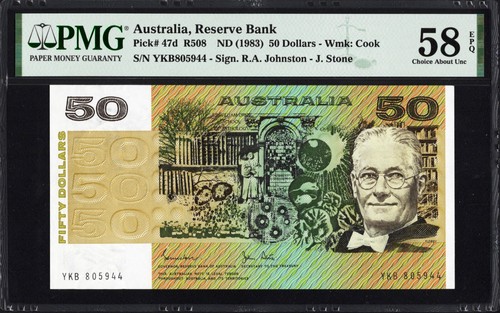 Australia 50 Fifty Dollars 47d R508 1983 Johnston Stone PMG58 aUNC EPQ ...