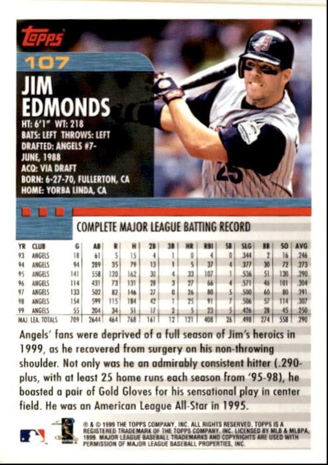 2000 Topps Baseball Card Jim Edmonds Anaheim Angels #107 | eBay