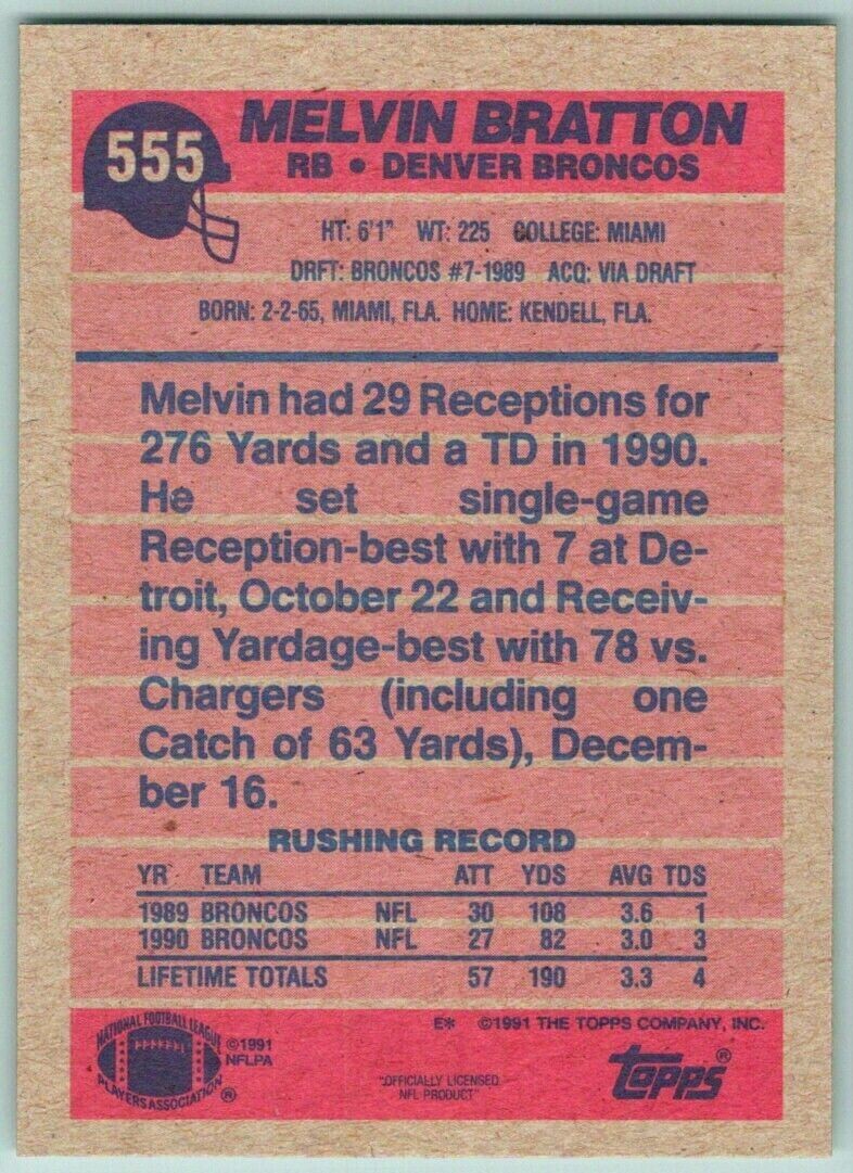 1991 TOPPS 😎 NFL Football Card #555 - Melvin Bratton, Denver Broncos | eBay