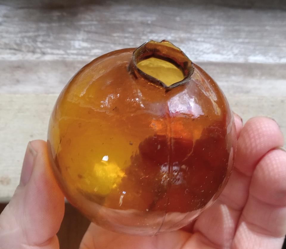 1870s GOLDEN AMBER 3 PC MOLD BLOWN GLASS TARGET BALL FOR SHOOTING CRUDE ...