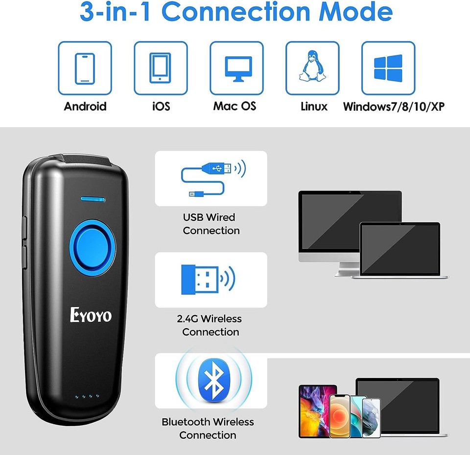 Eyoyo 2D Bluetooth Barcode Scanner IOS Android 1500mAh Wireless QR Code ...