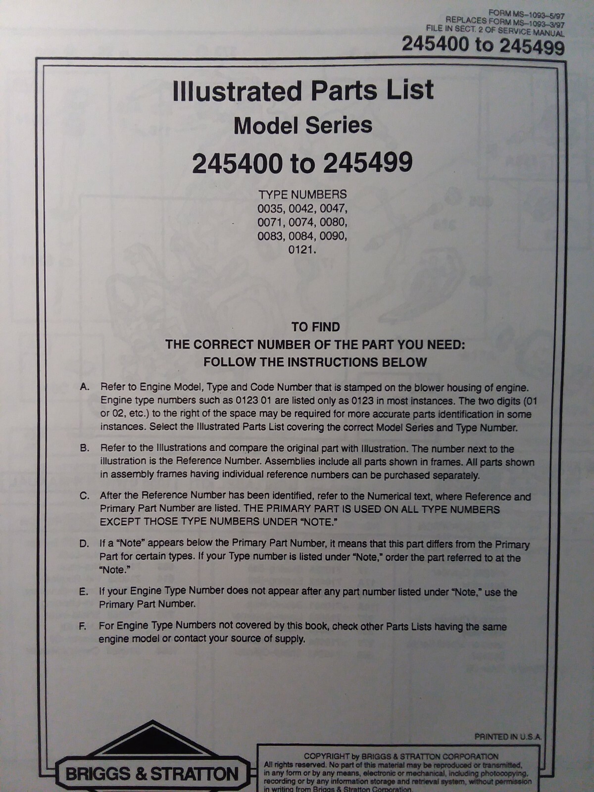 Briggs Stratton Vanguard 13 hp Horizontal Engine 245400 thr 245499 ...