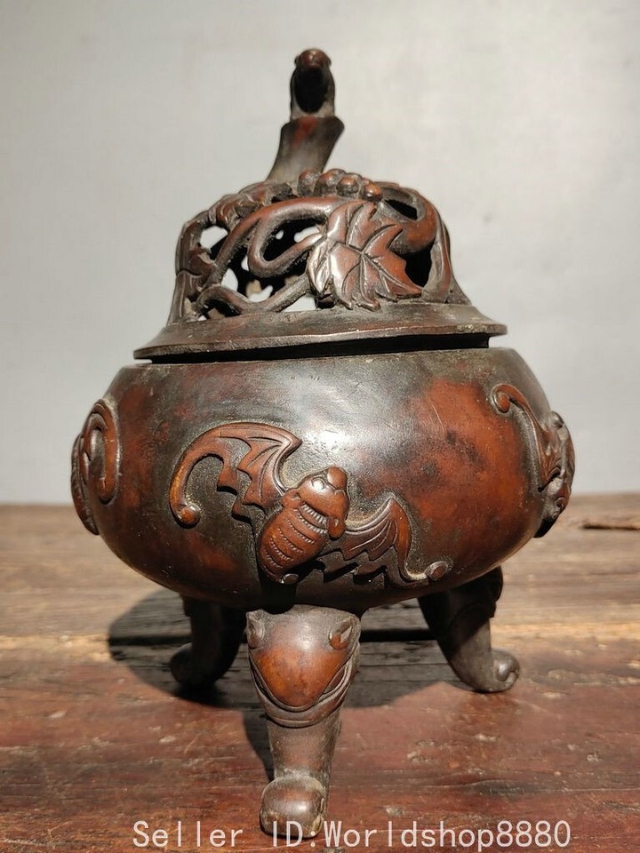 8"Old China Xuande Marked Bronze Lion Mouse Bat Beast Legs Incense ...