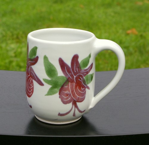 White Glazed Fuchsia Flower Pottery Coffee Mug 4" Tall Floral Signed by ...