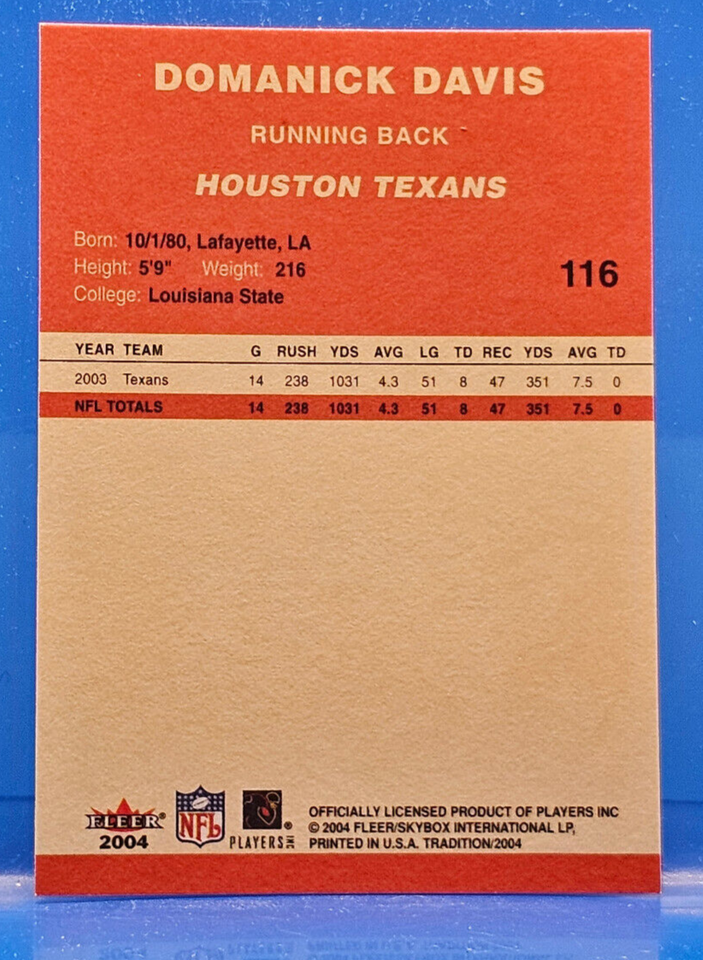 Domanik Davis, RB - Fleer-Tradition / Skybox - Texans, 2004 - #116 | eBay
