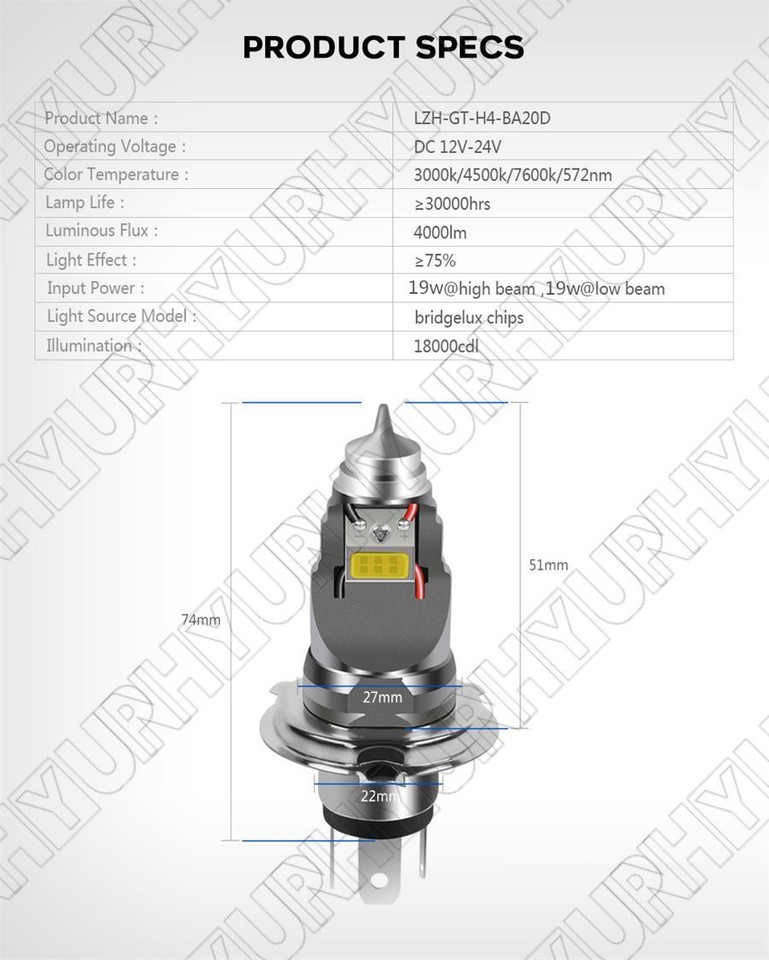 Motorcycle H4 LED Headlight 7500K 4000LM DC 12V-80V 38W Dual Side ...