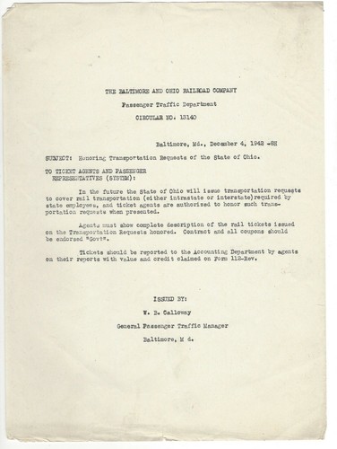 1942 B&O Baltimore/Ohio Railroad Memo: Honoring State of Ohio Transport ...