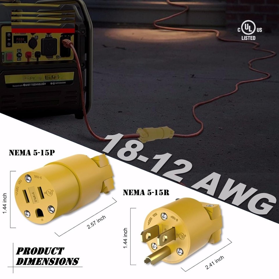 Male Female Extension Cord Replacement Electrical Plug 15AMP 125V ...