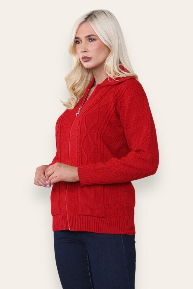 Ladies Women's Winter Zip Cardigan Zipped Cable Knit Long Sleeve Jumper ...