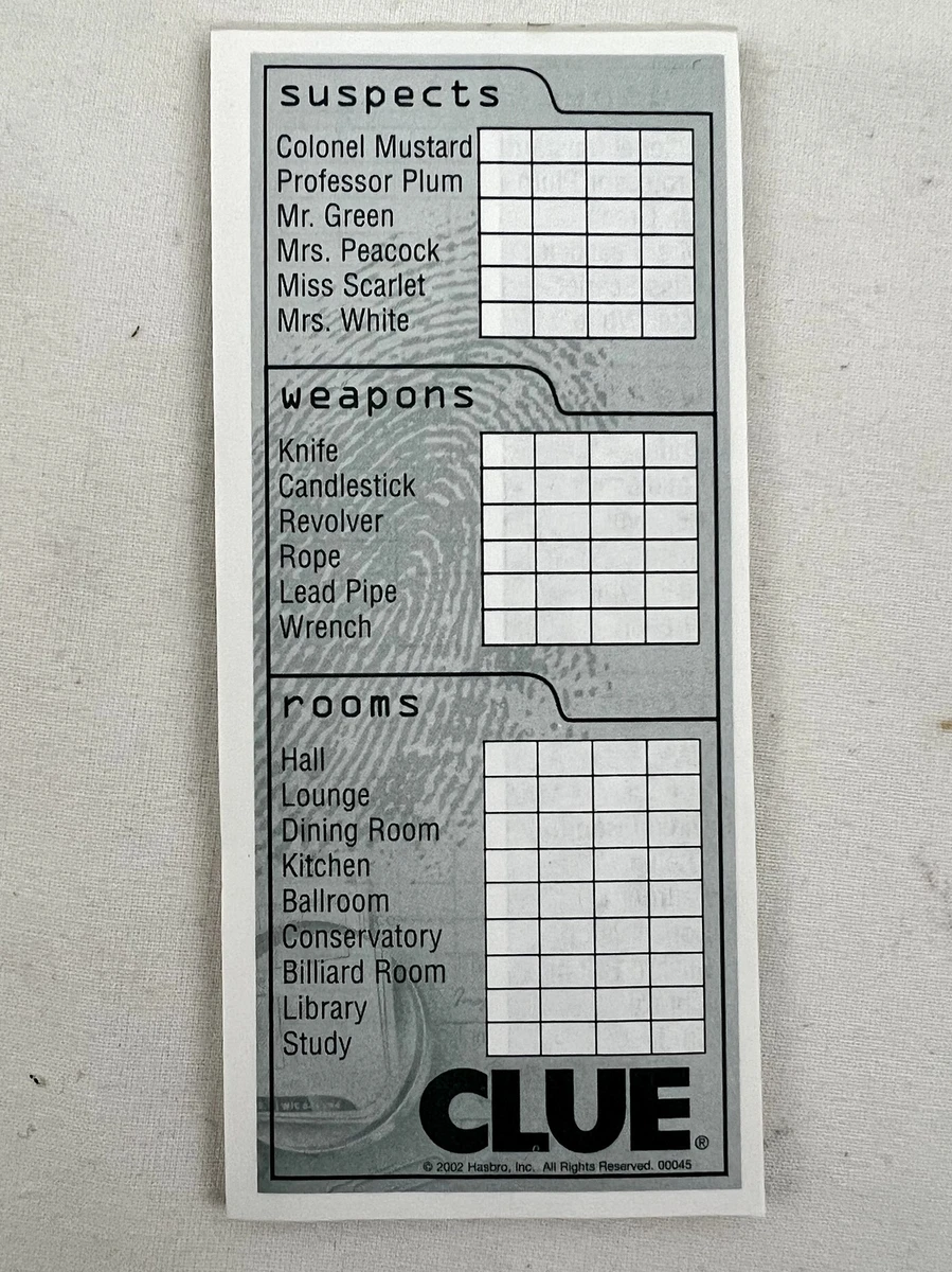 Clue Board Game Sheets