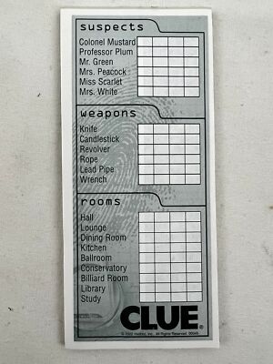 CLUE Board Game 2002-2005 Replacement Pieces Parts Pad 30 sheets | eBay