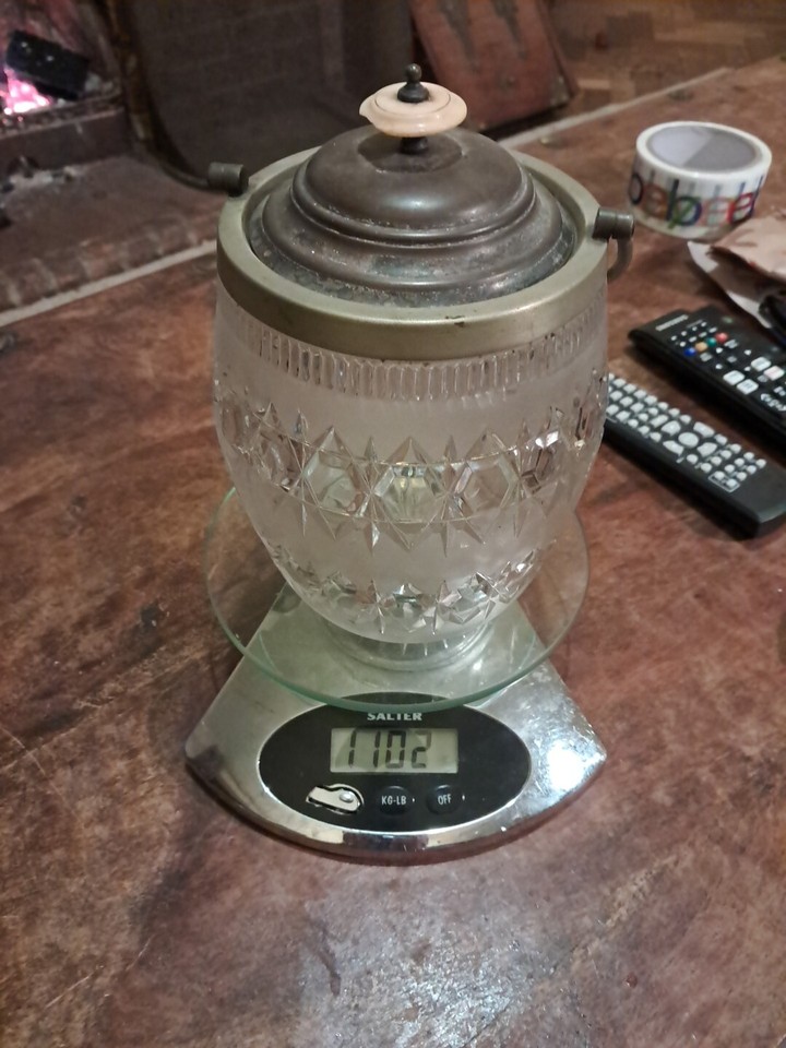 Vintage EPNS Silver Plate & Cut Glass Biscuit Barrel Holder with Handle ...