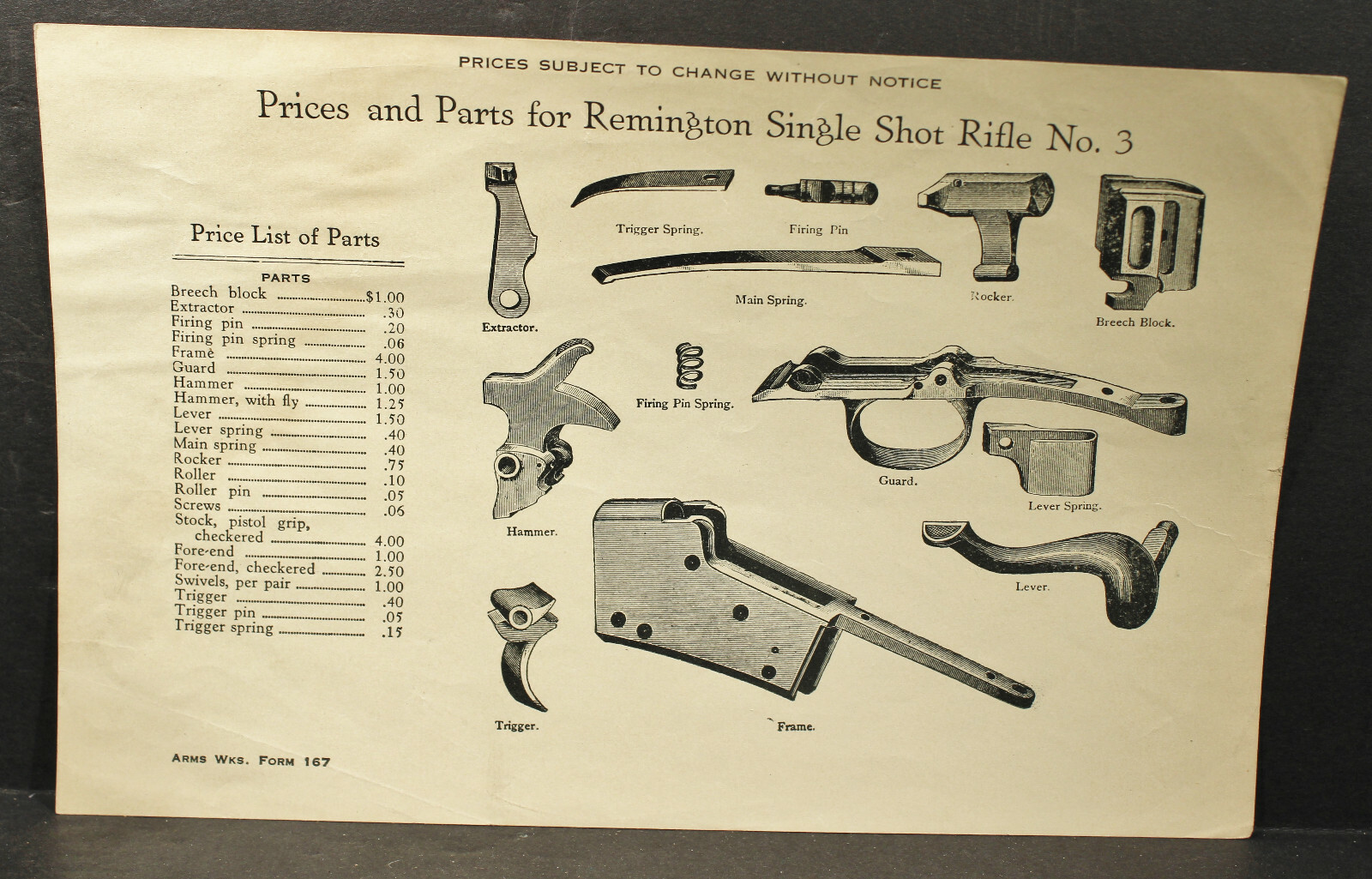 Remington No. 3 Single Shot Rifle Parts Sheet with Illustrations, Names ...