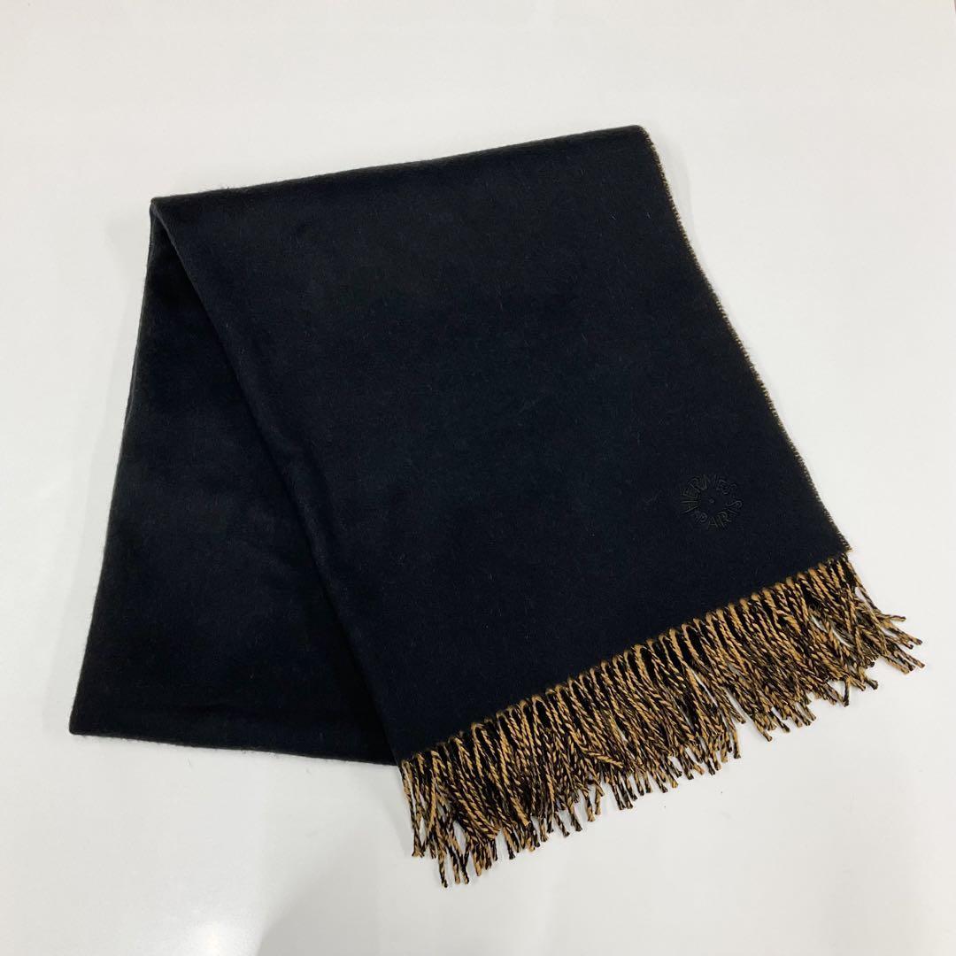 HERMES Cashmere Double Face Muffler Stole Orange Black - Gem