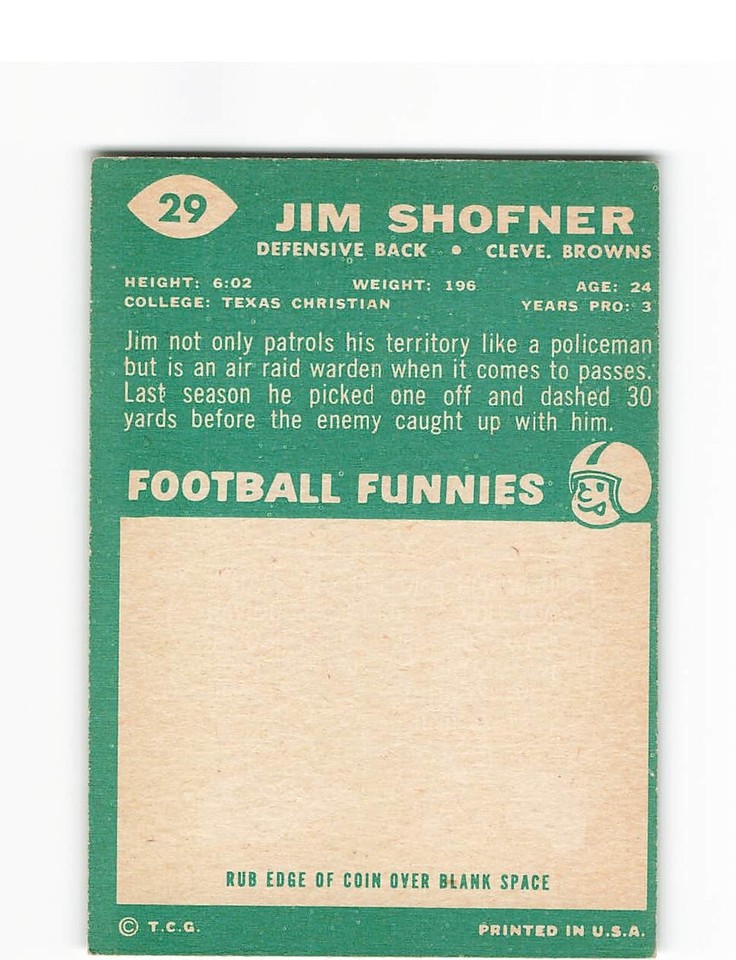 1960 TOPPS FOOTBALL JIM SHOFNER #29 CLEVELAND BROWNS MID HIGHER GRADE ...