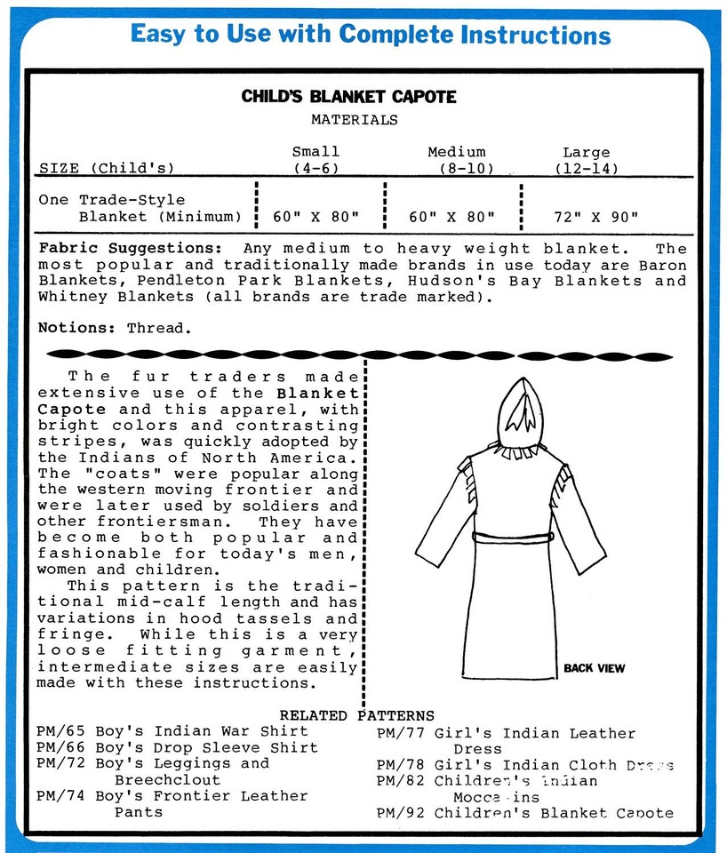 Child's Blanket Capote - Calf-length Coat S-M-L Eagle's View Sewing ...