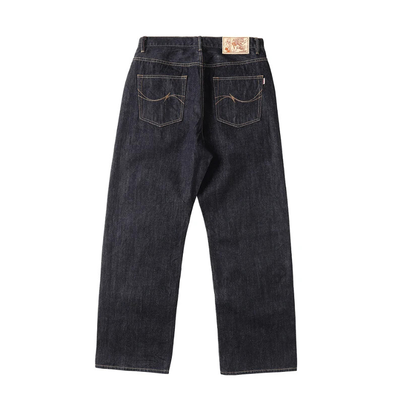 14oz Loose Straight Wide Leg Jeans Deep Blue Selvedge Denim Pants for ...