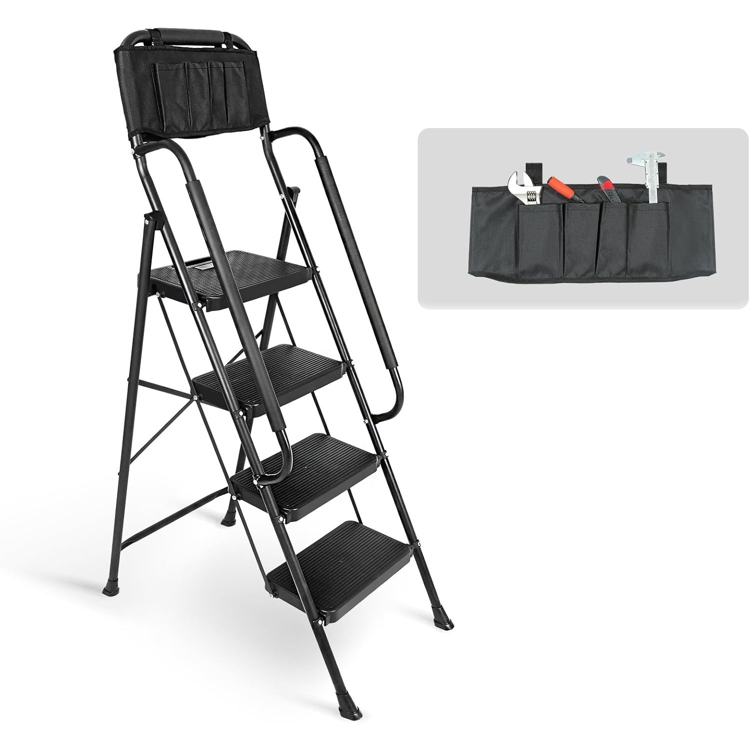 4 Step Ladder+Handrails & Attachable Tool Bag, Folding Step Stool ...