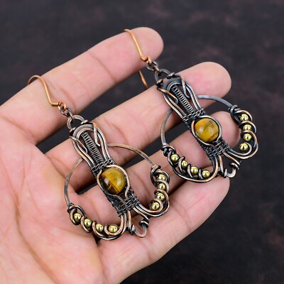 Tiger'S Eye Wire Wrapped Drop/Dangle Earrings Handcrafted Copper Gift 3 ...