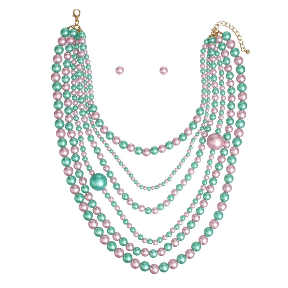 Long Pearl Necklace Pink Green Gold Over Chain 6 Layered Strand AKA ...