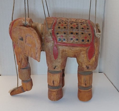Vintage Elephant Marionette Wooden Hand Carved Puppet/Jointed Folk Art ...