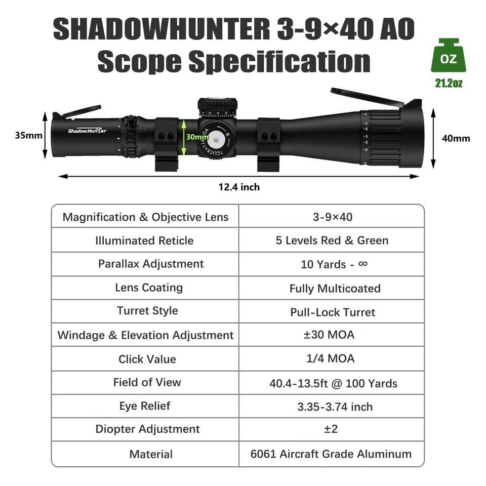 3-9x40 AO Rifle Scope for Hunting, 30mm Tube, Zero Reset and Parallax ...