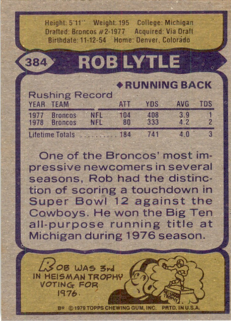1979 Topps ROB LYTLE Denver Broncos #384 | eBay