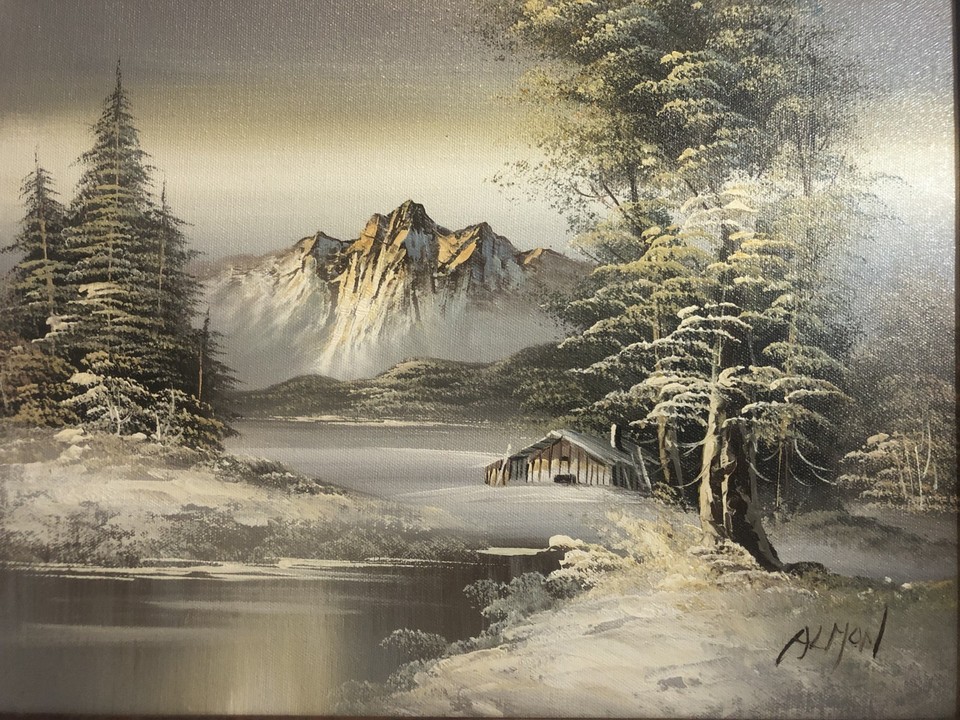 Antique 19th Century Oil Painting Winter Mountain Cabin Landscape Almon ...