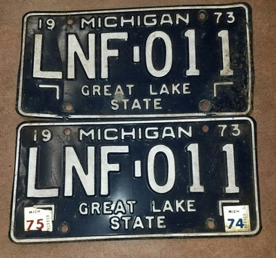 1973 MICHIGAN LICENSE PLATE SET LNF-011 BLUE & WHITE GREAT LAKE STATE ...
