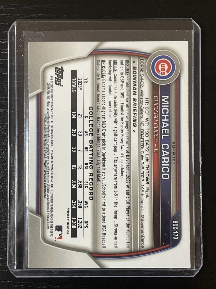 2023 Bowman Draft Michael Carico 1st Bowman Refractor Parallel Cubs BDC ...