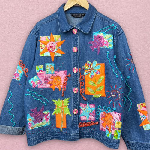 Vintage 90s Life Style Denim Jacket Embroidered Patches Large Funky ...