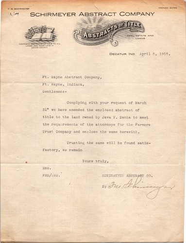 Schirmeyer Abstract Co Decatur IN 1915 Letterhead Abstracts of Title Loans | eBay