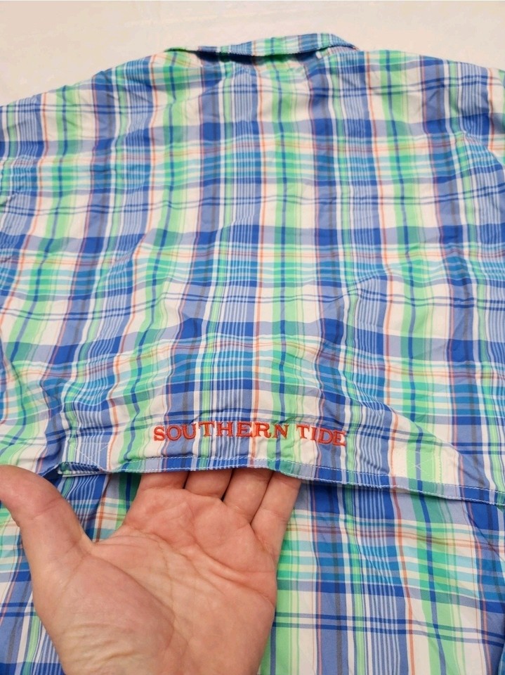 Southern Tide Shirt Mens Large Green Blue Plaid Nylon Button Up Fishing ...